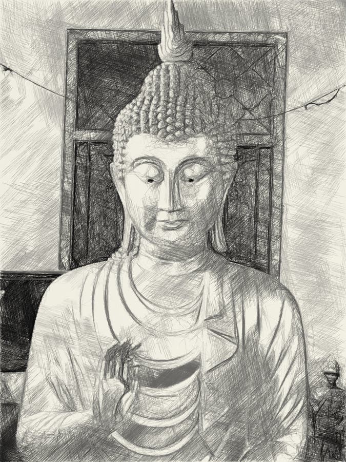 Black and White of Buddha Statue Stock Illustration - Illustration of ...