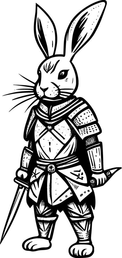 Black and White Rabbit in a Bow with a Sword Cartoon, Illustration ...