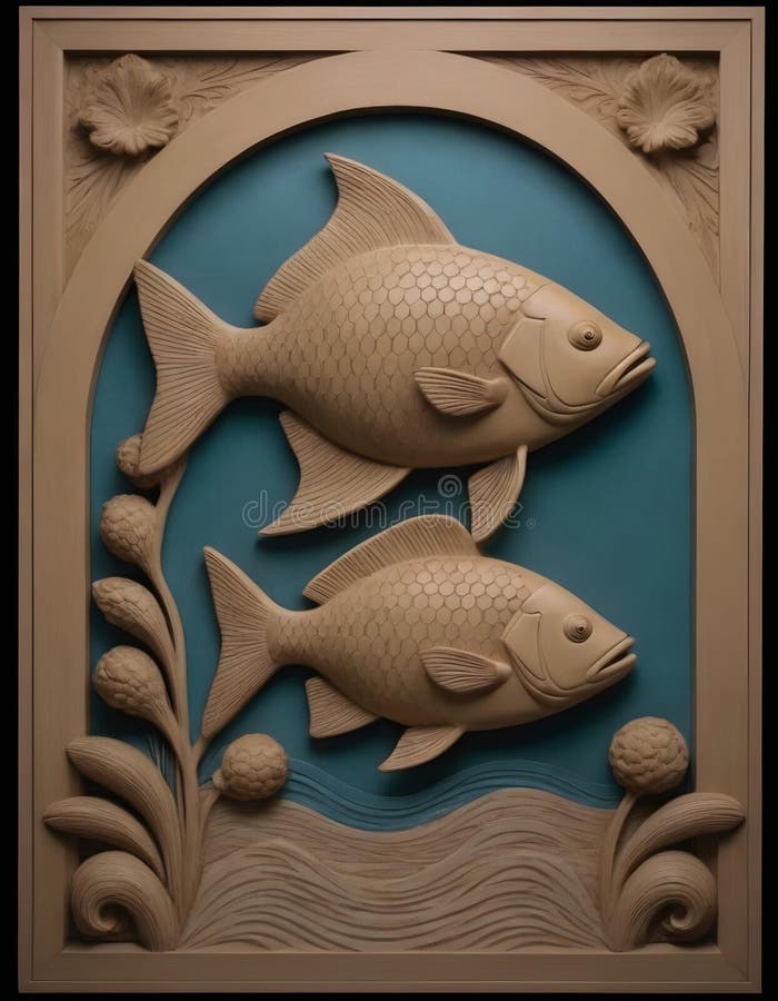 An Art Carving Depicting Fish Stock Illustration - Illustration of ...
