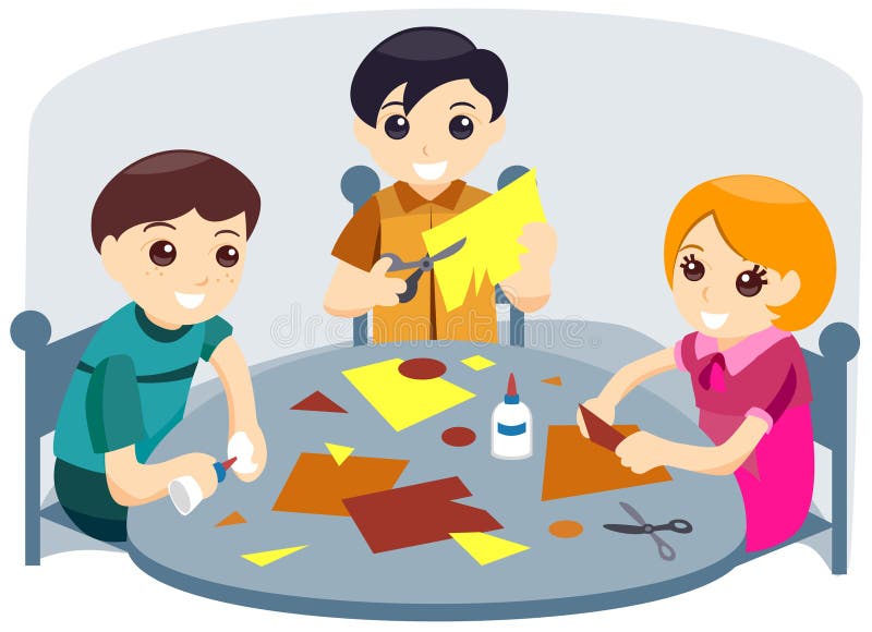 Cute Little Kids Making Crafts Set. Girl and Boy Cutting Paper and ...