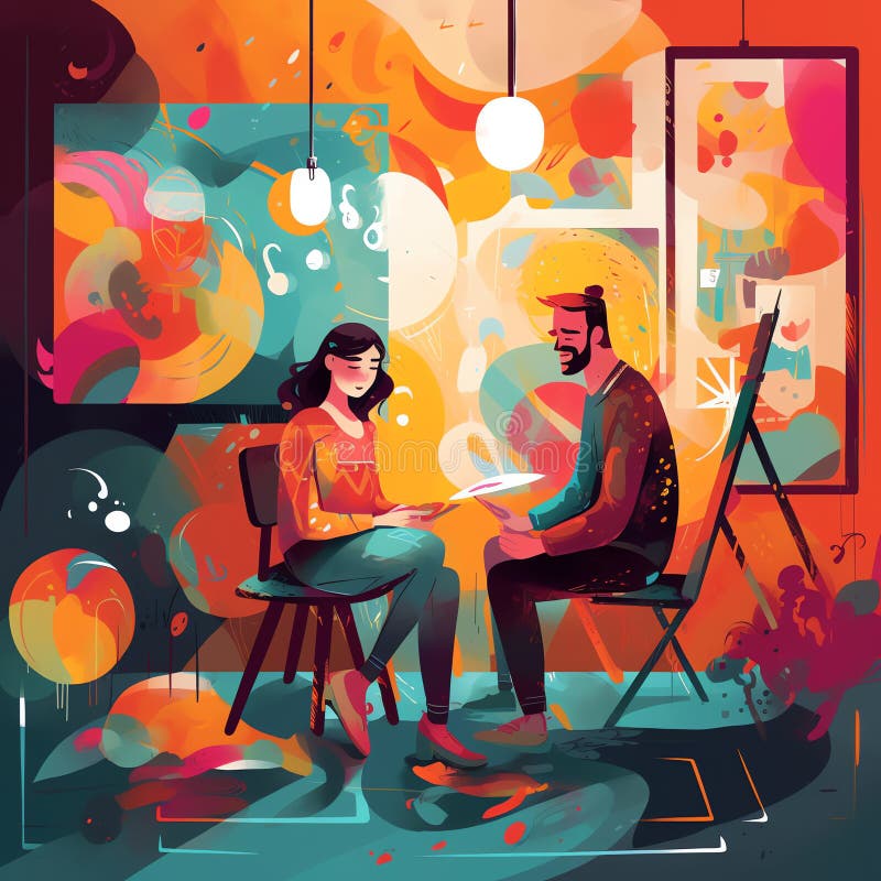 Art Class Date: a Couple Sits at an Easel in a Bright Art Studio, with ...
