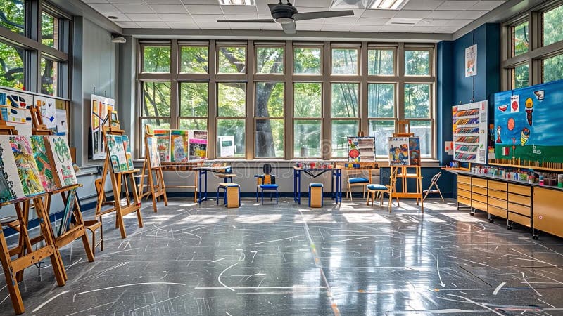 An Art Classroom Filled with Easels Showcasing Bright Artworks and ...