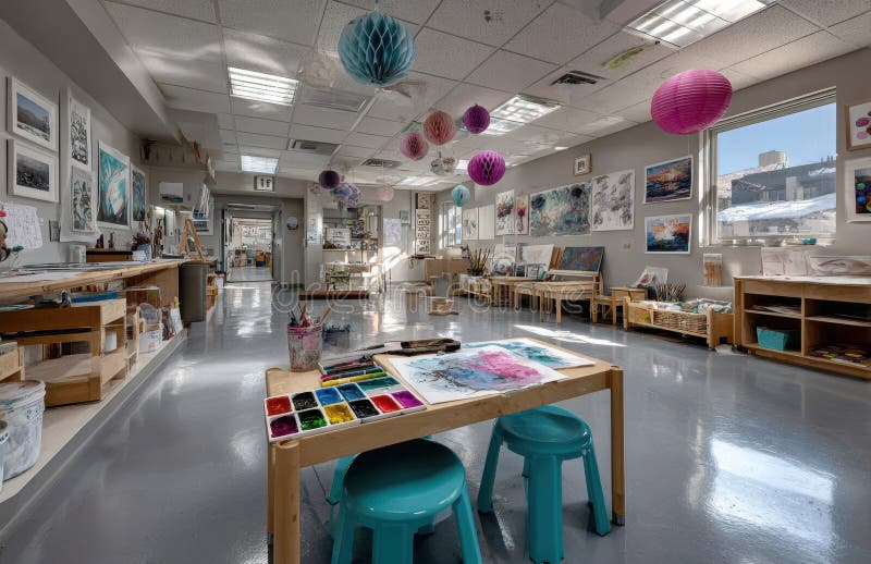 Art Classroom Ready for Students Painting and Learning Activities Stock ...