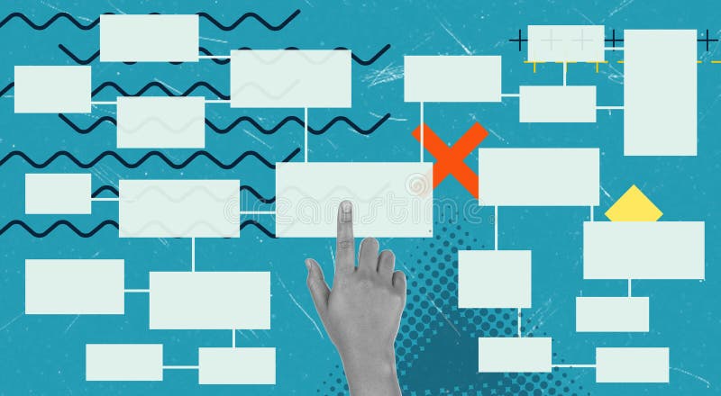 Art Collage, Engaging Hand Navigating an Abstract Flowchart on a ...