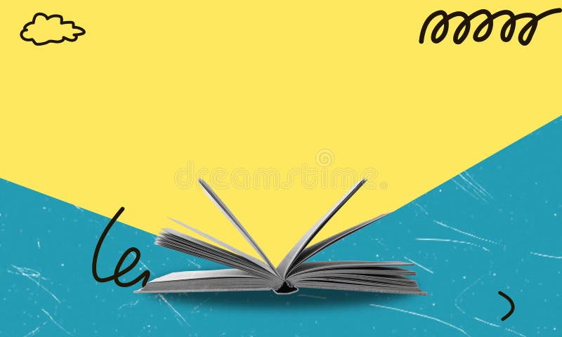 An Art Collage Featuring an Open Book on a Blue Background with Space ...