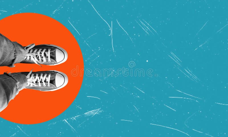 Art Collage, Feet with Sneakers on Blue Background with Space for Text ...