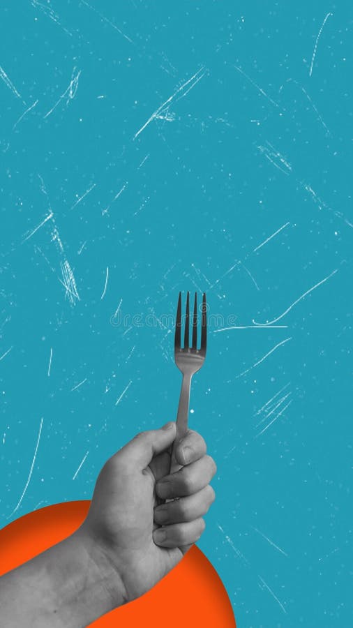Art Collage of Hand with the Fork on Blue Background with Copy Space ...