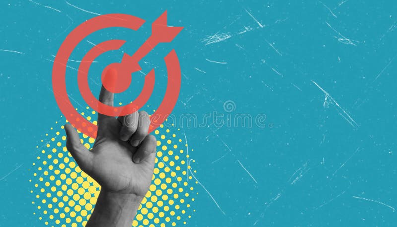 Art Collage, Hand, and Target on Blue Background with Copy Space Stock ...
