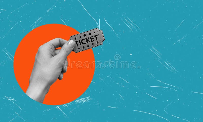 Art Collage, Hand with Ticket on Blue Background with Space for Text ...