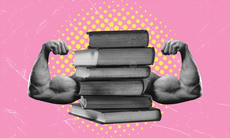 Art Collage, Modern Art Collage of Book and Strong Hands-on Blue ...