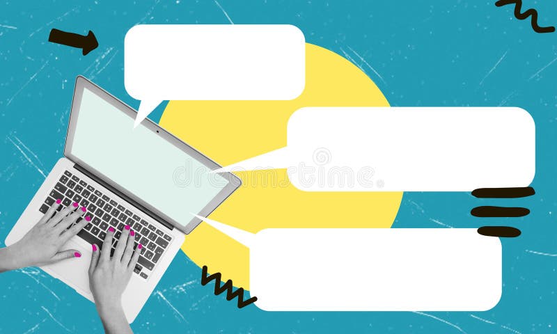 Art Collage, Modern Art Collage Featuring a Laptop with Message Bubbles ...