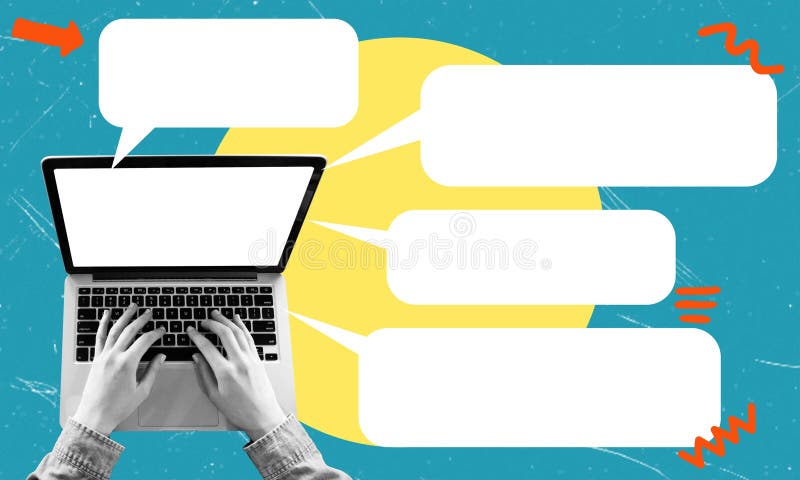 Art Collage, Modern Art Collage Featuring a Laptop with Message Bubbles ...