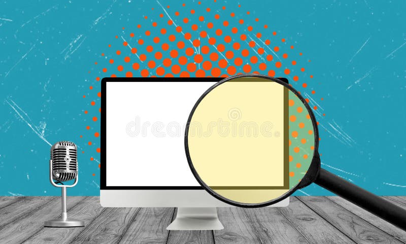 Art Collage, Monitor and Magnifying Glass, Workstation Stock Image ...