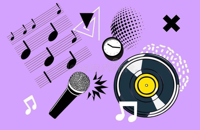 Art Collage with Music Notes and Microphone. Music Plate and Disco ...