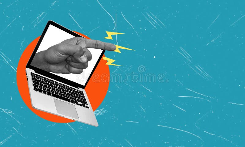 Art Collage, Notebook, and Finger Pointing at Copy Space Location Stock ...