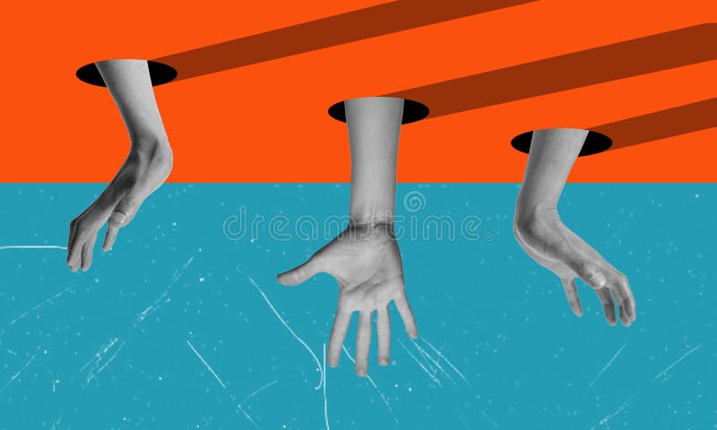 Art Collage, Reaching Up from the Ceiling, from Above Stock Image ...