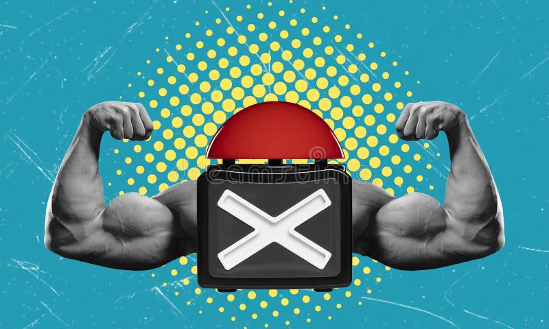 Art Collage, Red Button and Strong Hands Stock Photo - Image of ...