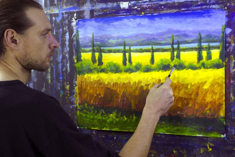 Art Creative Process. Artist Create Painting on Canvas Stock Photo ...