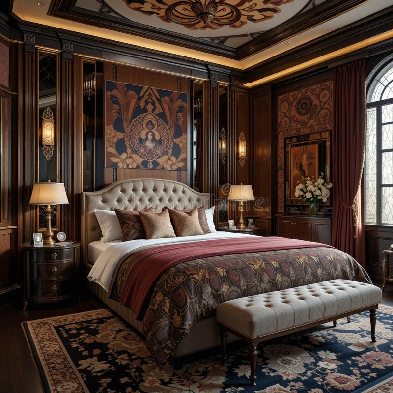 Art Deco Bedroom with Bold Patterns and Luxurious Materials Stock ...