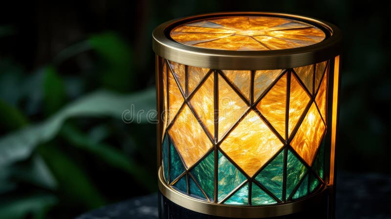 Art Deco Brass Lamp with Geometric Patterns and Warm Lighting Against ...