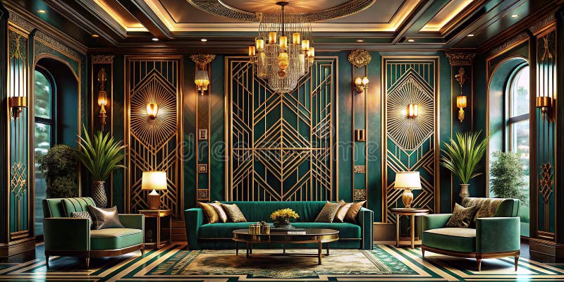 Art Deco Corner Accent Wall Luxurious Geometric Patterned Design for a Sophisticated Interior ...