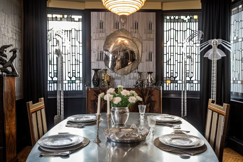 Art Deco Dining Room, with Luxe Silverware and China on the Table Stock ...