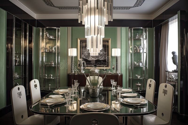 Art Deco Dining Room, with Luxe Silverware and China on the Table Stock ...