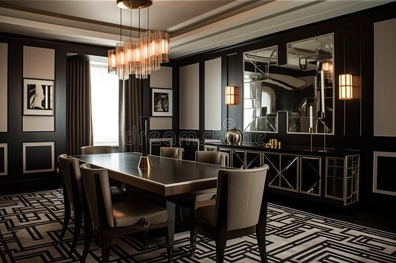 Art Deco Dining Room, with Sleek Lines and Geometric Patterns Stock ...