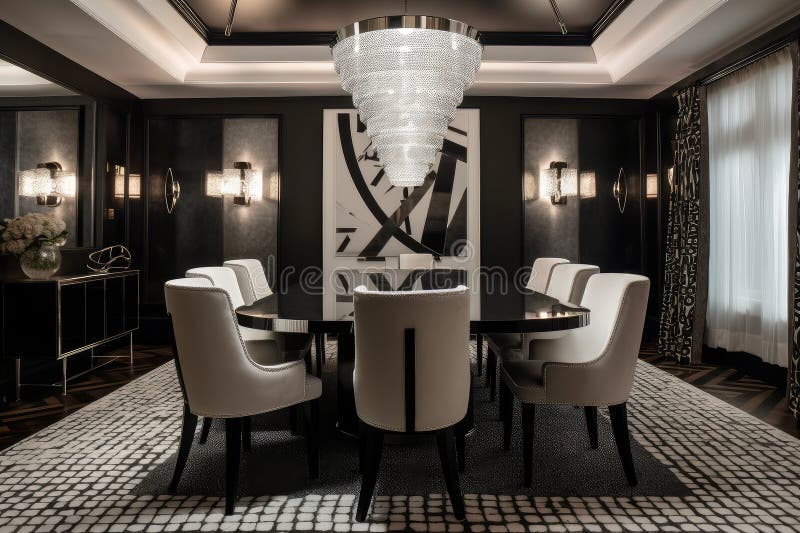 Art Deco Dining Room, with Sleek Lines and Geometric Patterns Stock ...