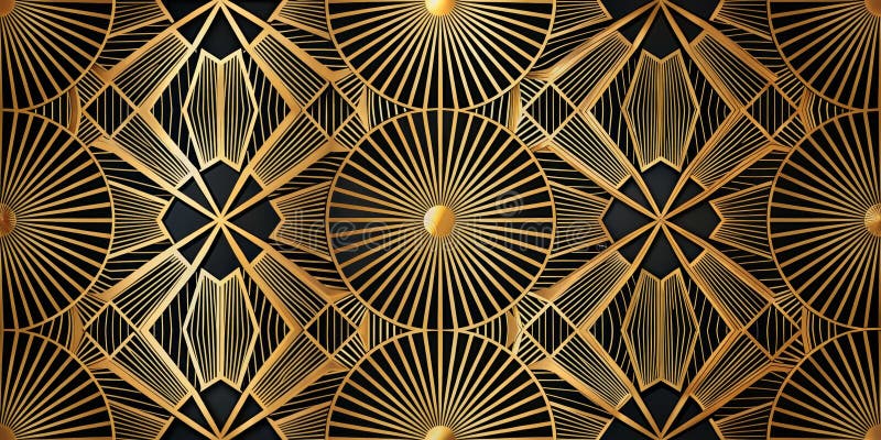 Art Deco Gold Geometric Pattern Black and Gold Radiating Lines and ...