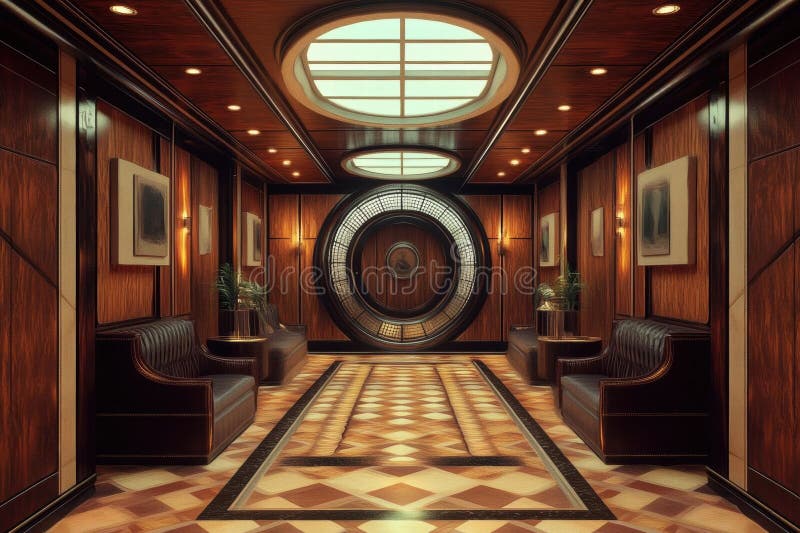 Art Deco Hallway with Circular Doorway and Geometric Floor Pattern ...