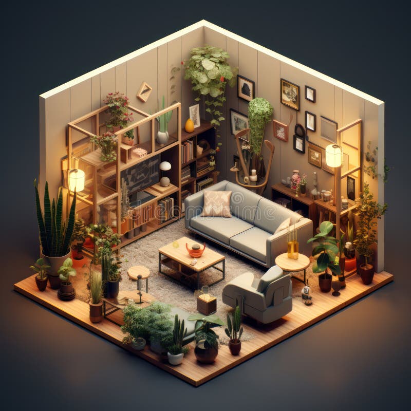 Art Deco Living Room in an Isometric 3D Render Stock Illustration ...