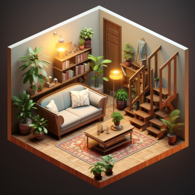 Art Deco Living Room in an Isometric 3D Render Stock Illustration - Illustration of ...