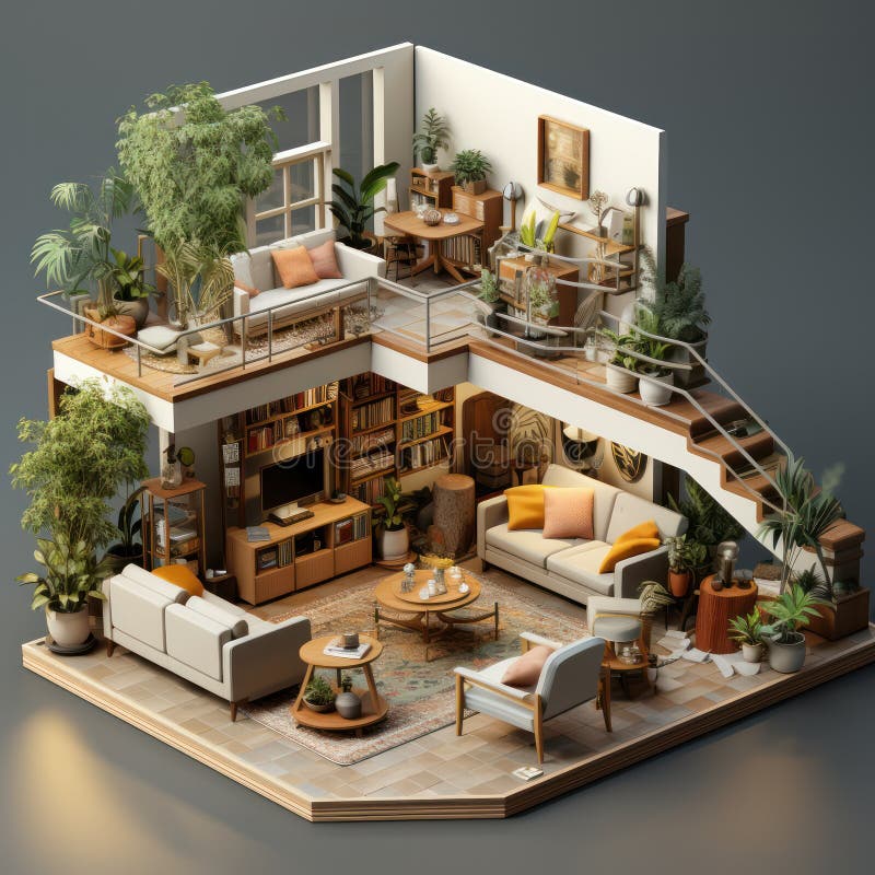 Art Deco Living Room in an Isometric 3D Render Stock Illustration ...