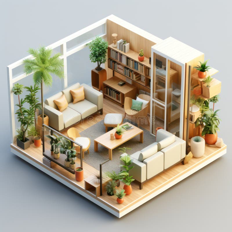 Art Deco Living Room in an Isometric 3D Render Stock Illustration ...