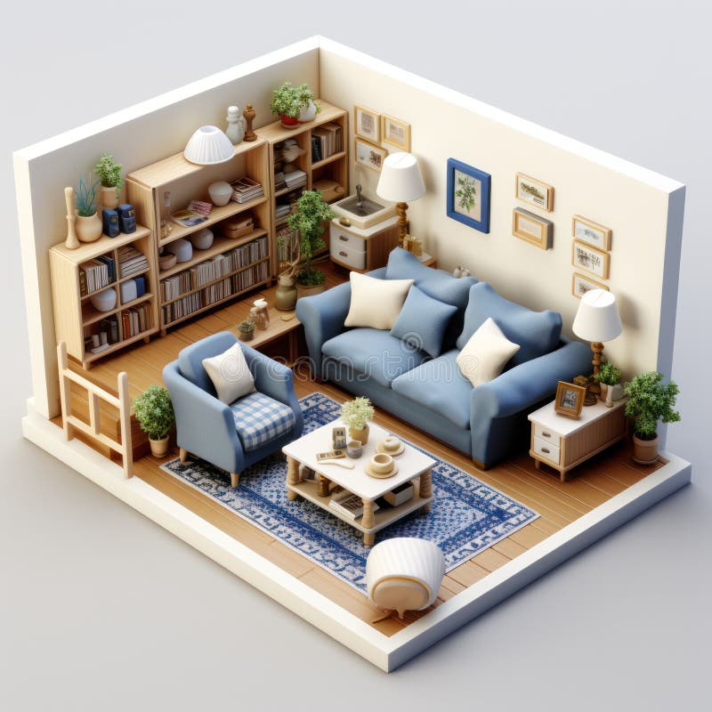 Art Deco Living Room in an Isometric 3D Render Stock Illustration ...
