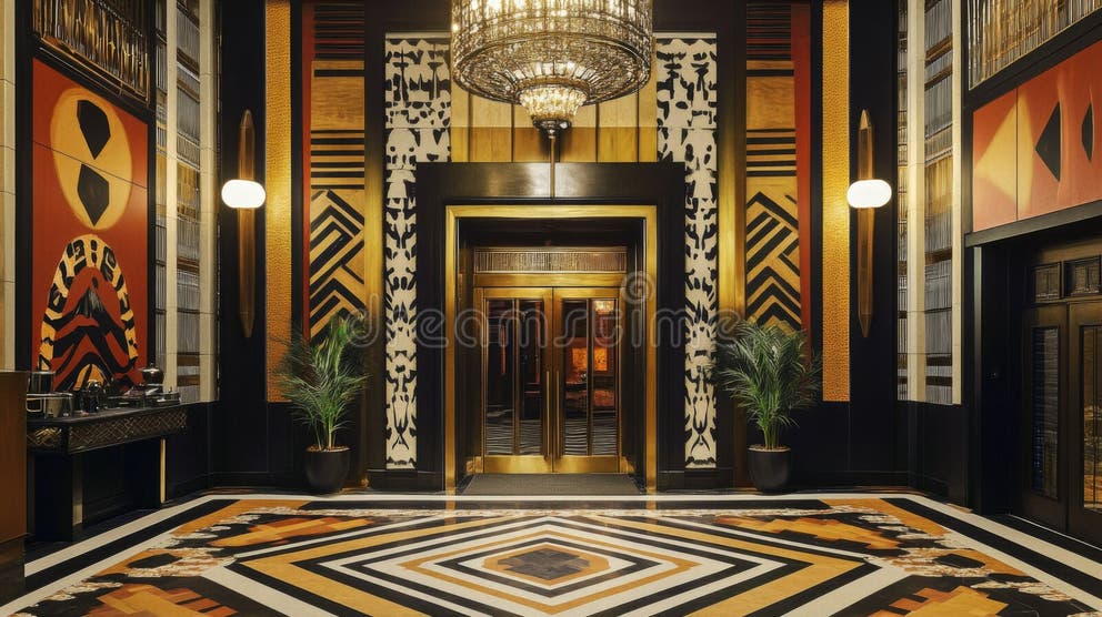 Art Deco Lobby with Geometric Patterns and Gold Accents Stock ...