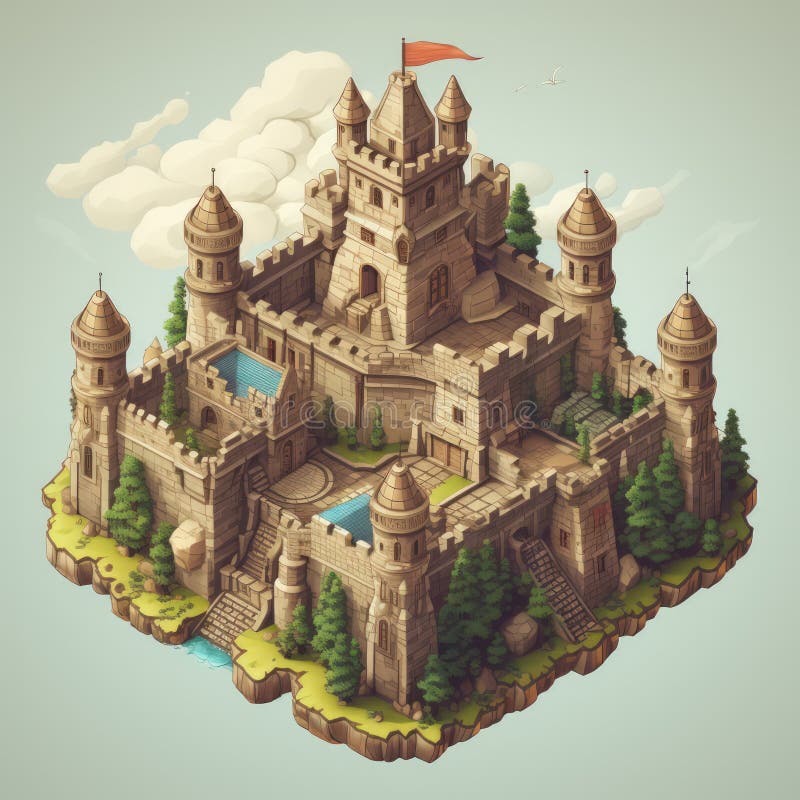 Art Deco Medieval Castle in an Isometric 3D Render Stock Illustration ...