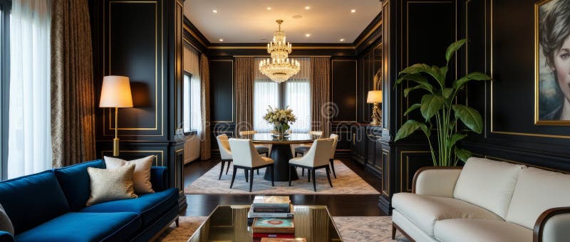 Art Deco Revival Dream - Open-Concept Space with Deep Sapphire Velvet ...