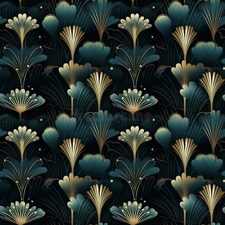 Art Deco Seamless Pattern of Blue and Gold Botanical Elements Stock Photo - Image of vintage ...