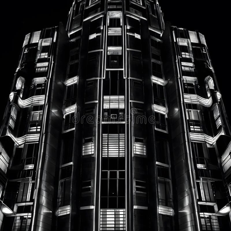 Art Deco Skyscraper at Night with Illuminated Windows and Bold ...