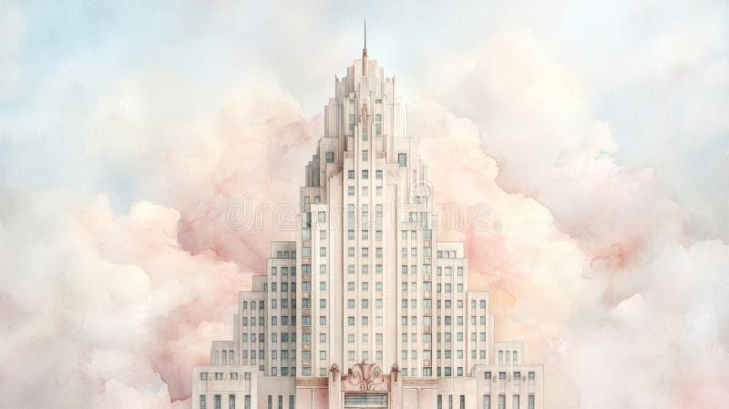 Art Deco Skyscraper Rising into Dreamy Pastel Clouds Stock Illustration ...
