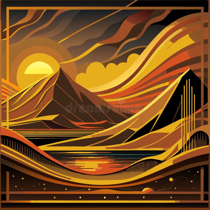 Art Deco Style Illustration of a Bridge and Mountains at Sunset with ...