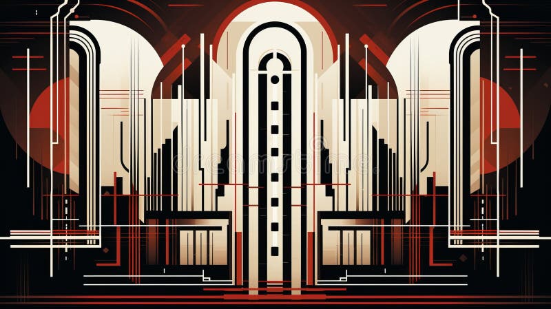 An Art Deco Style Poster of a Building in Red and Black Stock ...