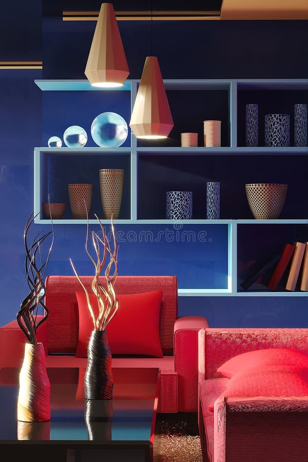 Art Design of the Living Room in Saturated Color, 3D Render. Vertical ...