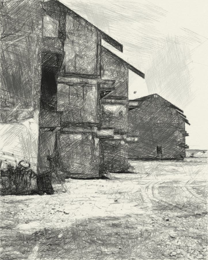 Drawing Black and White of Abandoned Building Stock Image - Image of ...