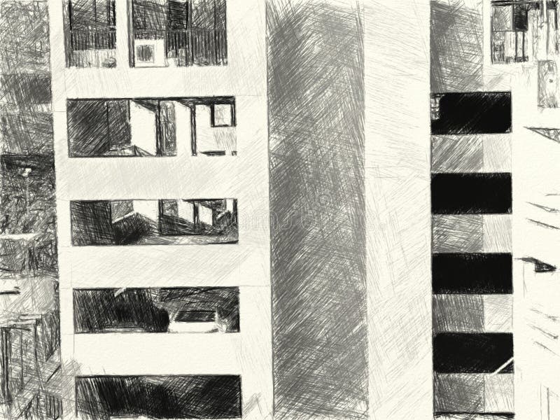 Drawing Black and White of Building Stock Illustration - Illustration ...