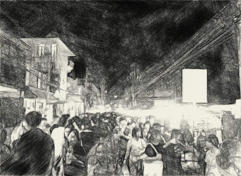 Drawing Black and White of People in Night Market Stock Illustration ...
