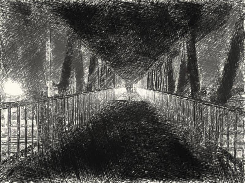 Drawing Black and White of Walkway on the Overpass Stock Photo - Image ...