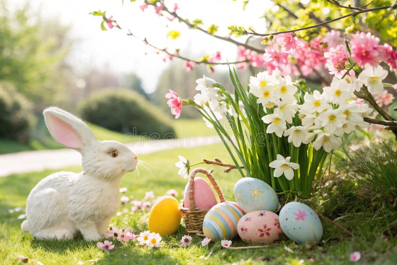 Art Easter Background Spring Flowers, Easter Bunny, and Easter Eggs ...